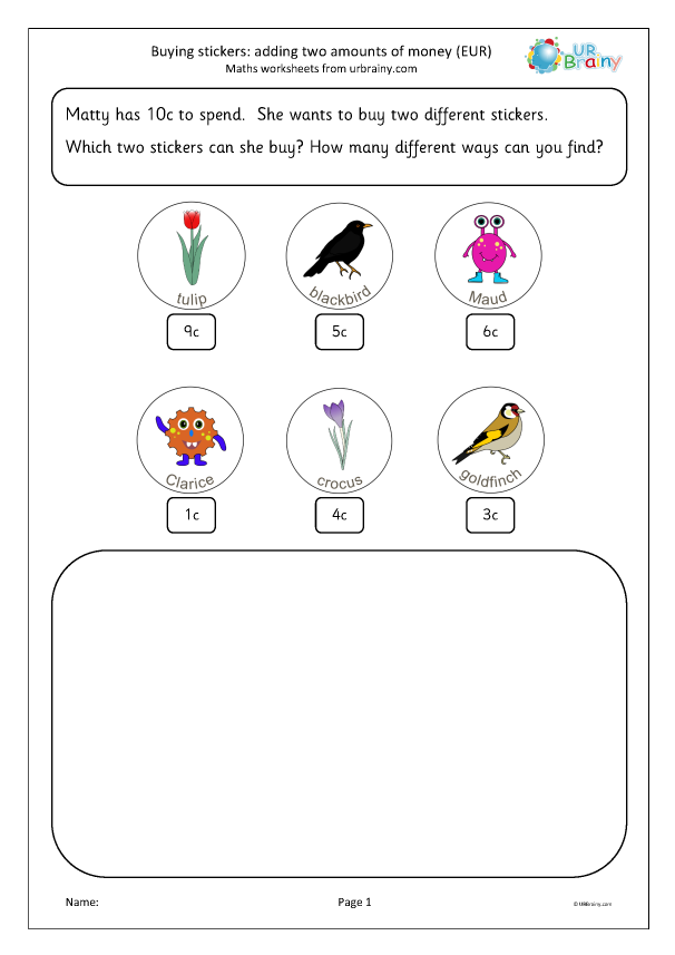 Buying Stickers Adding Two Amounts Of Money Euros Money Worksheets 