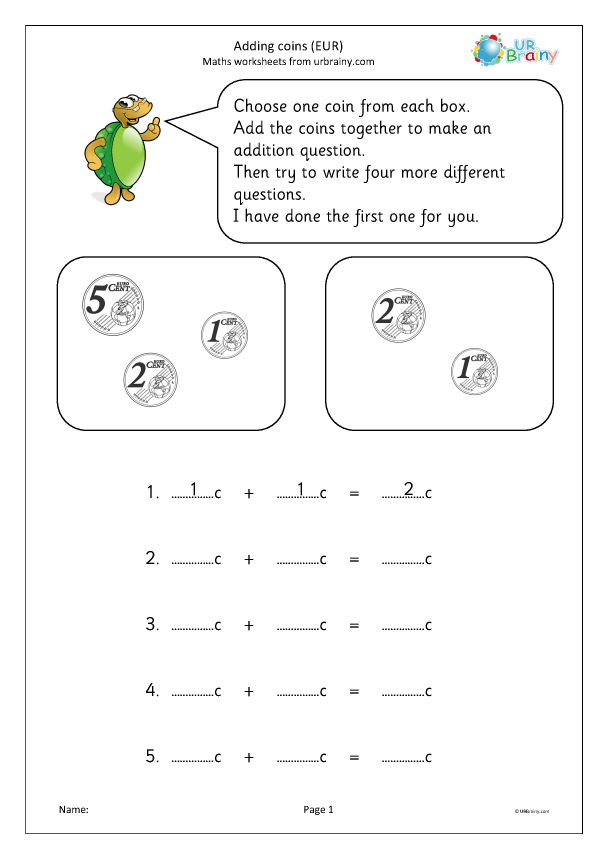 Adding Coins Euros Money Worksheets Using Euros By URBrainy