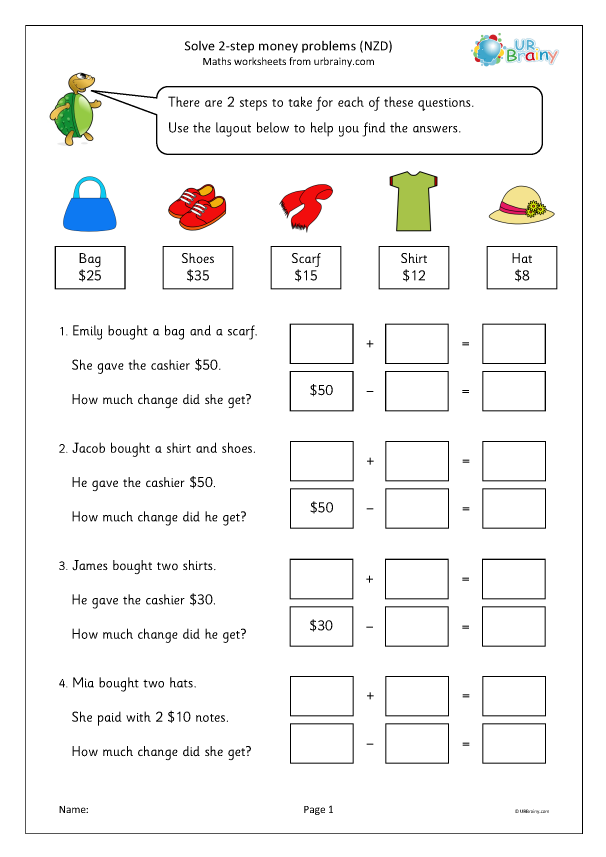 2 step Money Problems NZD Money Worksheets Using New Zealand