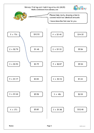 Preview of worksheet Finding and matching amounts (AUD)