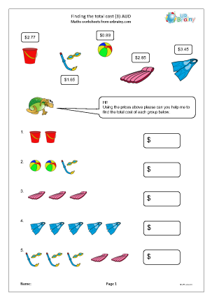 Finding the total cost 2 (AUD) - Money: Australian $ by URBrainy.com