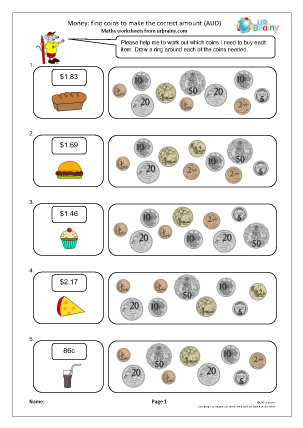 Preview of worksheet Find the correct coins (AUD)