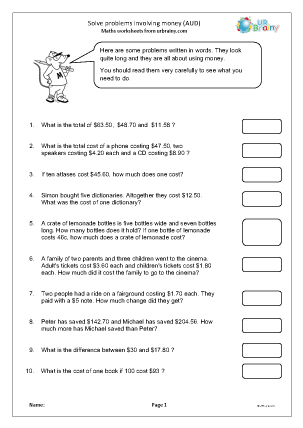 Money worksheets using Australian dollars. - URBrainy.com
