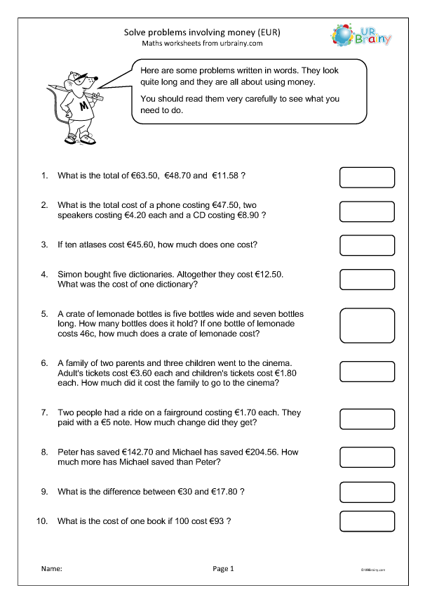 Solve Problems Involving Money Euros Money Worksheets Using Euros 