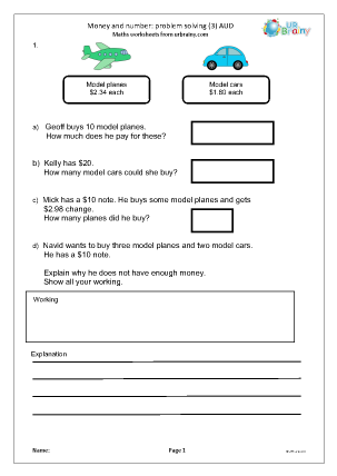 Saving money: word problems (AUD) - Money: Australian $ by URBrainy.com