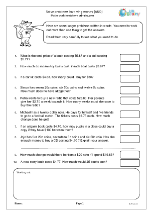Preview of worksheet Solve problems involving money (AUD)