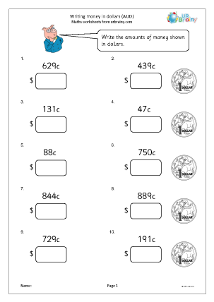 Preview of worksheet Writing money in dollars (AUD)
