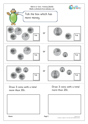 Preview of worksheet More or less money (AUD)