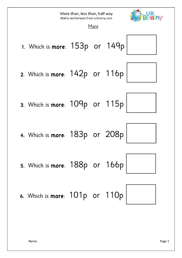 More, less, half way - Number and Place Value by URBrainy.com