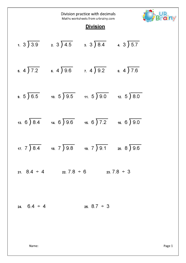 Free Decimal Division Worksheets