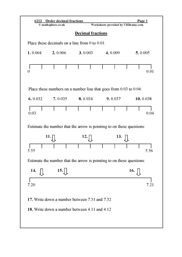 Order decimal fractions - Fraction and Decimal Worksheets for Year 6 ...