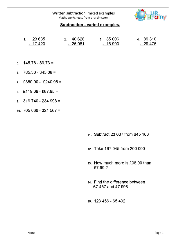 Written subtraction: mixed examples - Subtraction Maths Worksheets for ...
