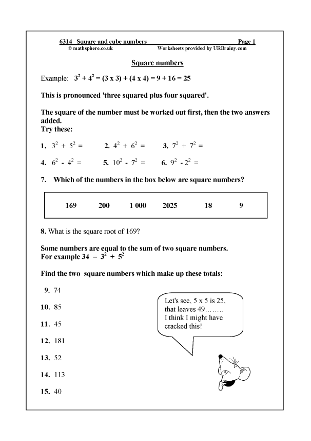 Square and cube numbers - Multiplication by URBrainy.com