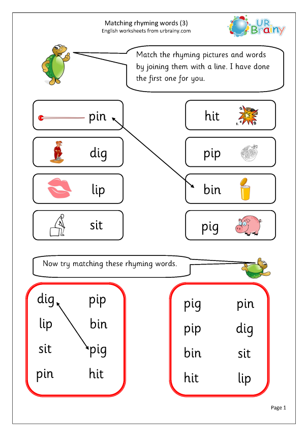 Matching Rhyming Words i CVC And Rhyming Words By URBrainy