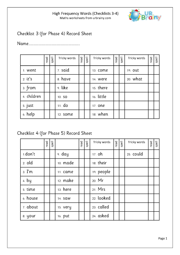 High Frequency Checklist 3-4 - High Frequency Words by URBrainy.com