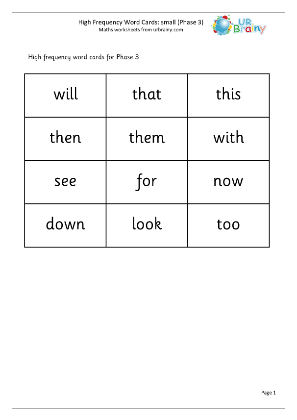 High Frequency Words (3) Small - High Frequency Words by URBrainy.com