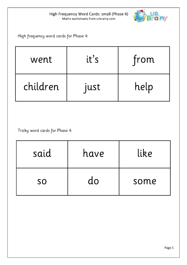 High Frequency Words (4) Small - High Frequency Words by URBrainy.com