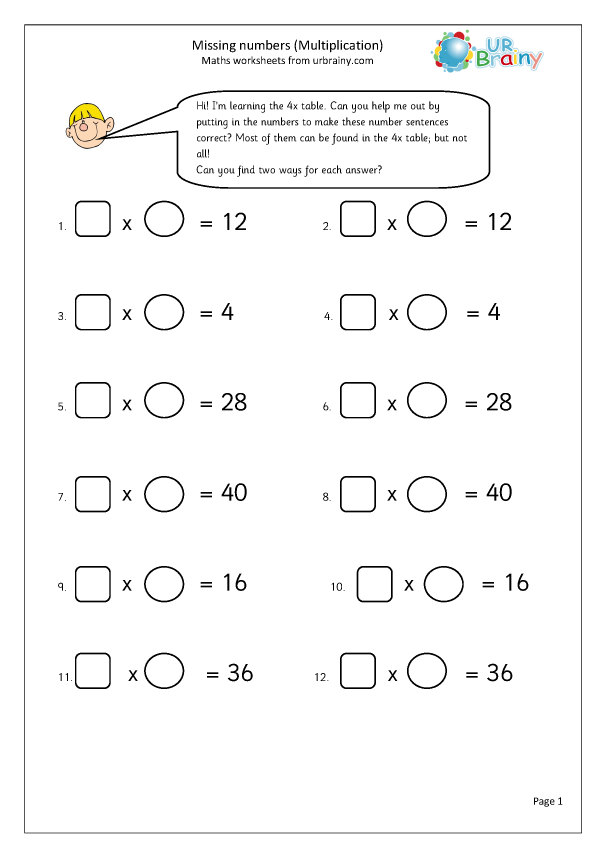 Missing Numbers 4x Table Multiplication Maths Worksheets For Year 3