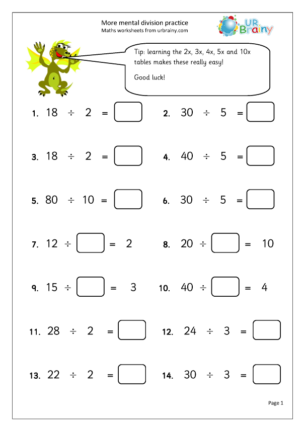 Mental Math Division Worksheets Mattie Haywood s English Worksheets