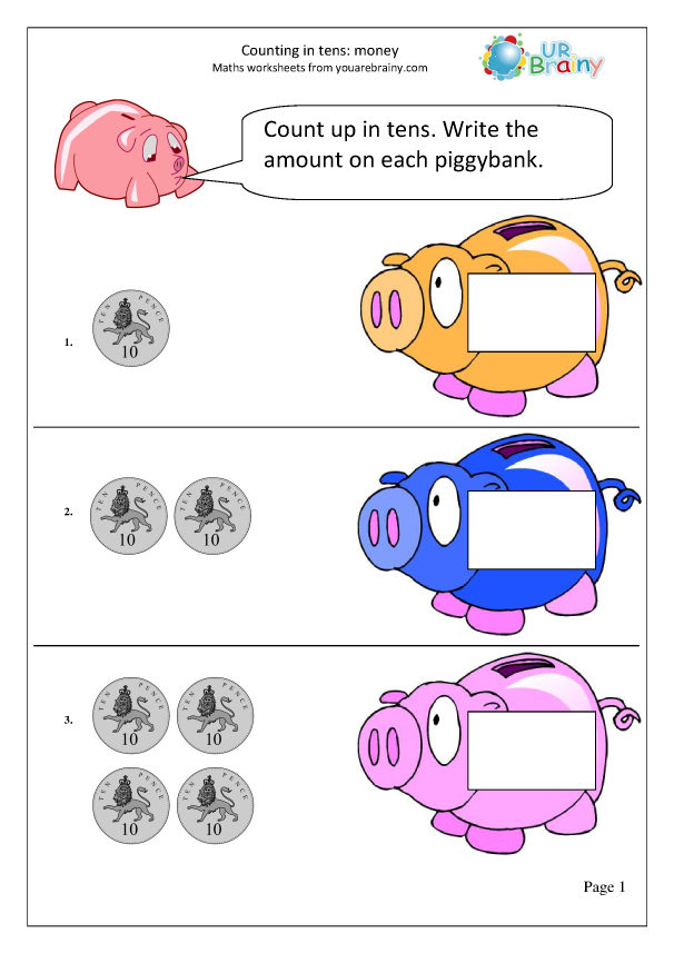 Count on in tens: piggy - Counting by URBrainy.com