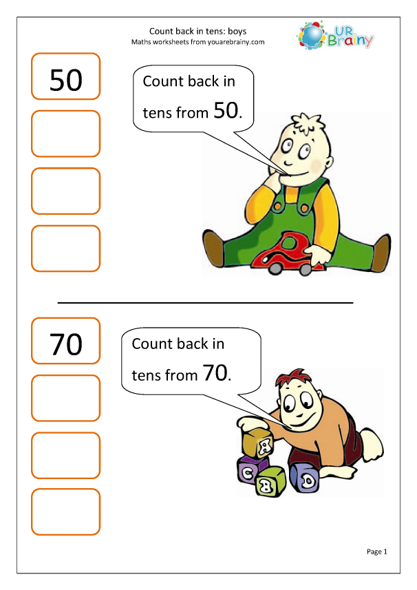 Counting back in tens: boys - Counting by URBrainy.com