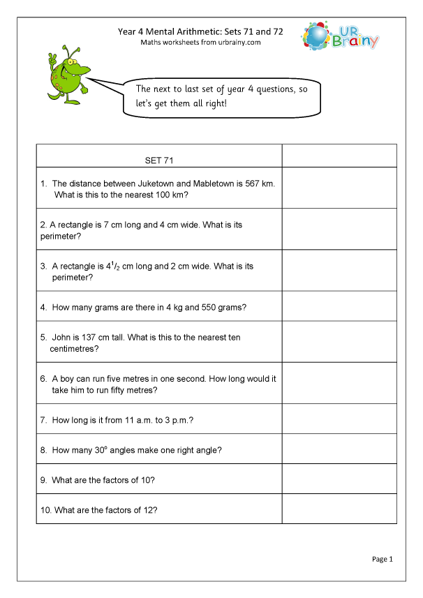 Year 4 Mental Arithmetic Sets 71 And 72 Year 4 Mental Arithmetic