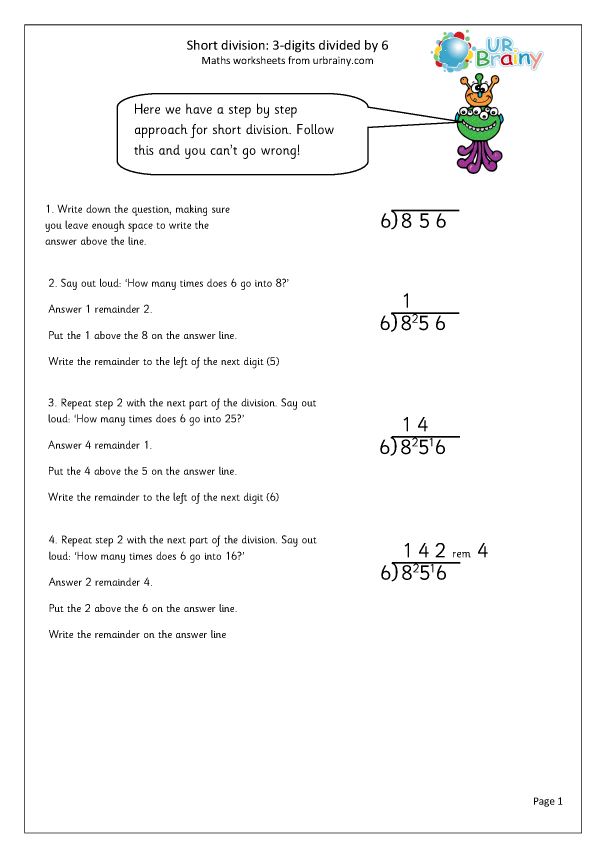 Divide 3 digit Numbers By 6 Division Maths Worksheets For Year 5 age 
