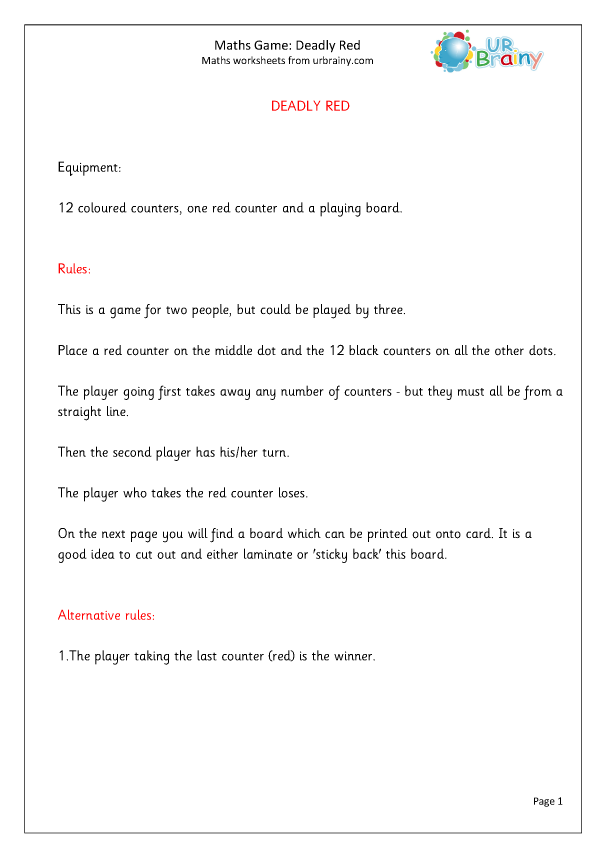 Deadly Red - Printable Games by URBrainy.com