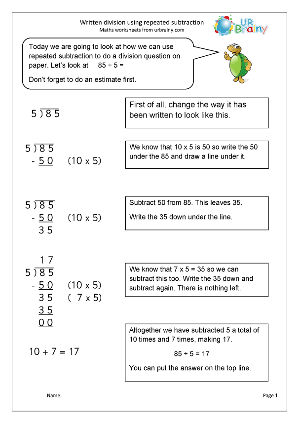 Repeated Subtraction Worksheets