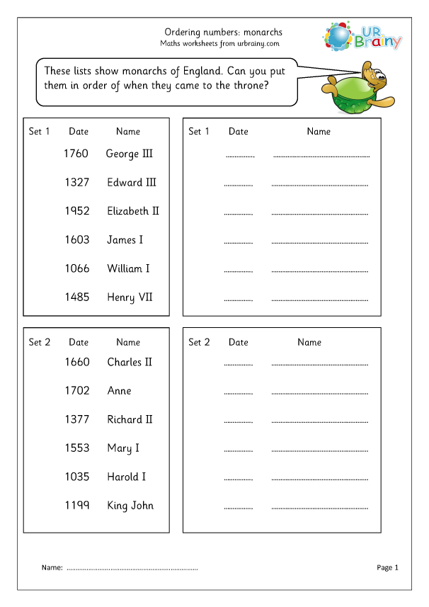 More ordering numbers - Number and Place Value by URBrainy.com