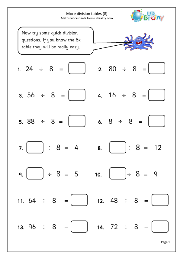 More Division Tables 8 Division Maths Worksheets For Year 3 age 7 