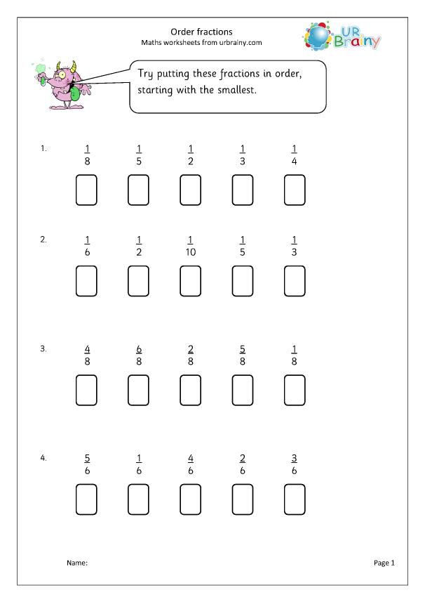 Order Fractions Fraction Worksheets For Year 3 age 7 8 By URBrainy
