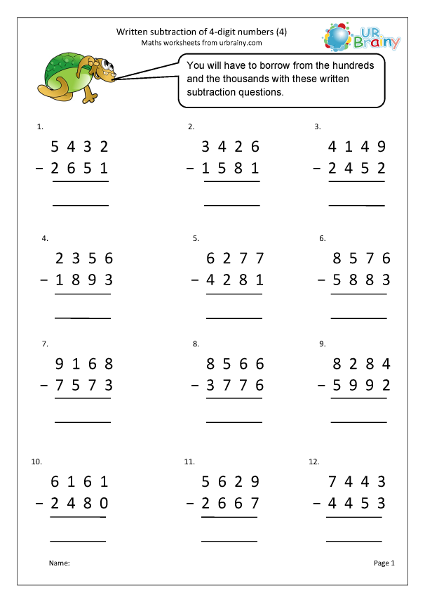 More Written Subtraction Of 4 digit Numbers Subtraction By URBrainy