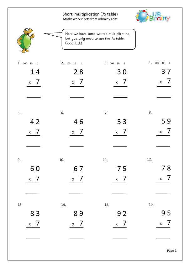 Standard written multiplication (7x table) - Multiplication by URBrainy.com