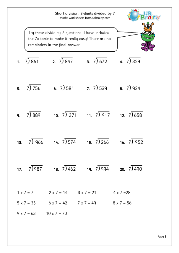 Divide 3 digit Numbers By 7 Division In Year 4 age 8 9 By URBrainy
