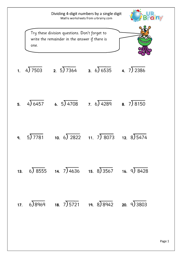Divide By 1 Digit Divisor Worksheet