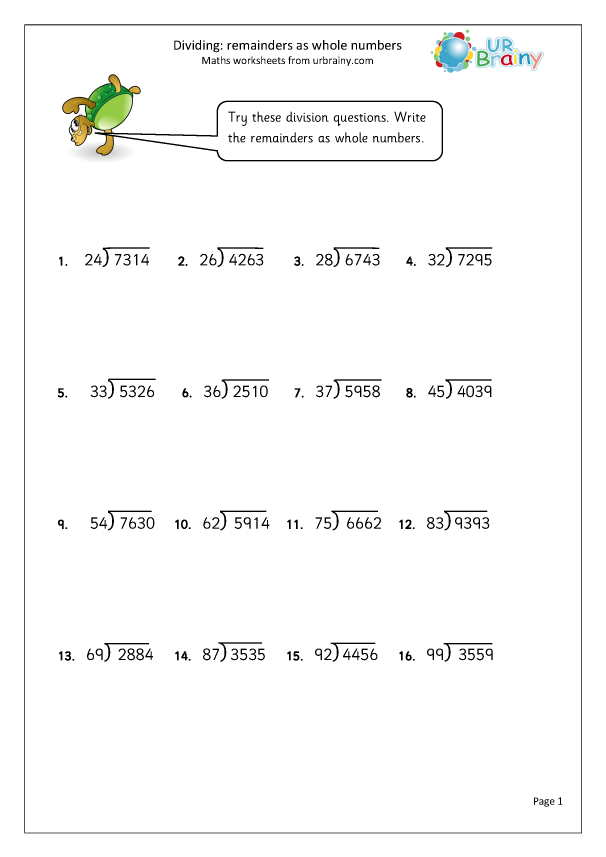 Divide 4 digit Numbers With Whole Number Remainders Division By