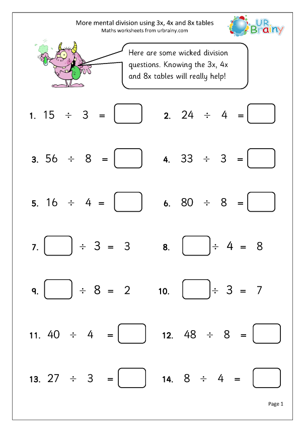 More Mental Division Using 3x 4x 8x Tables Division Maths Worksheets 