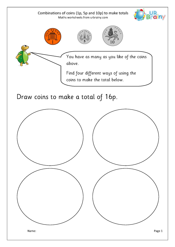 Making totals using coins (3) - Money by URBrainy.com