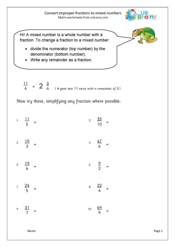 Convert Improper Fractions To Mixed Numbers Fraction And Decimal
