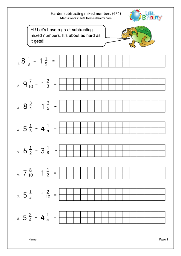 Subtract Mixed Numbers harder Arithmetic Paper Practice Maths