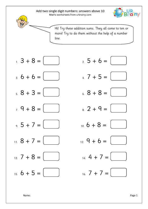 Single Addition One Digit Math Worksheets Add 2 Single Digits Answers 