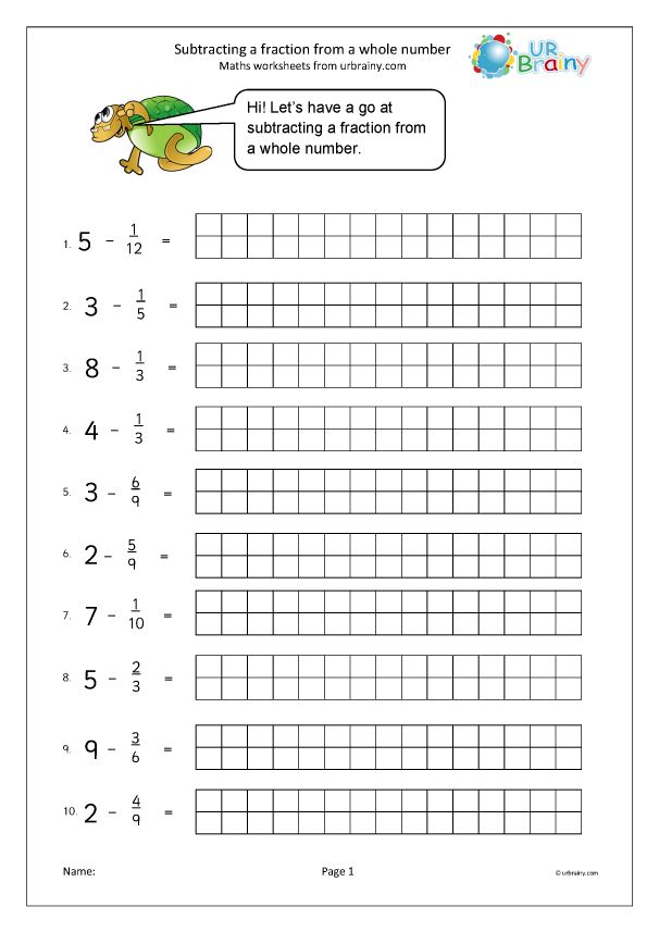 Subtract Fractions From Whole Numbers Arithmetic Paper Practice Maths