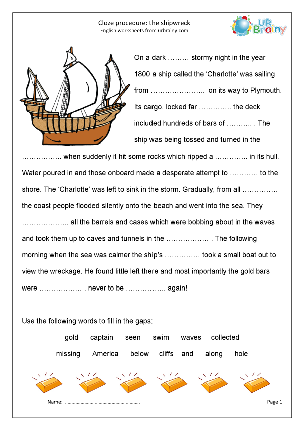 Cloze medium Shipwreck Vocabulary By URBrainy