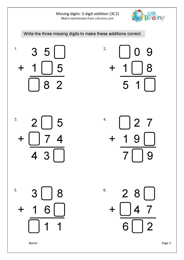 Addition Missing Digits 3C2 Reasoning Paper Calculations By 
