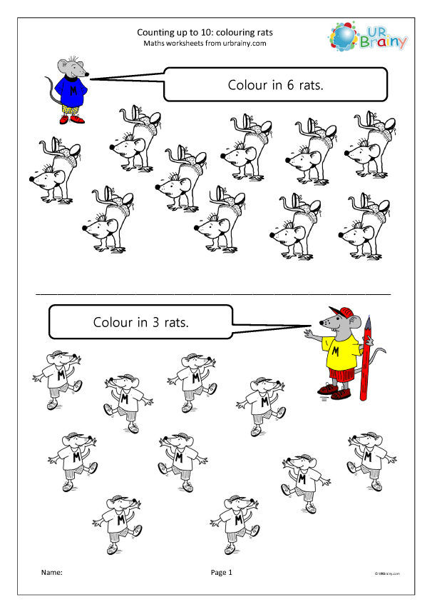 Counting up to 10 - colouring rats - Counting Maths Worksheets for ...
