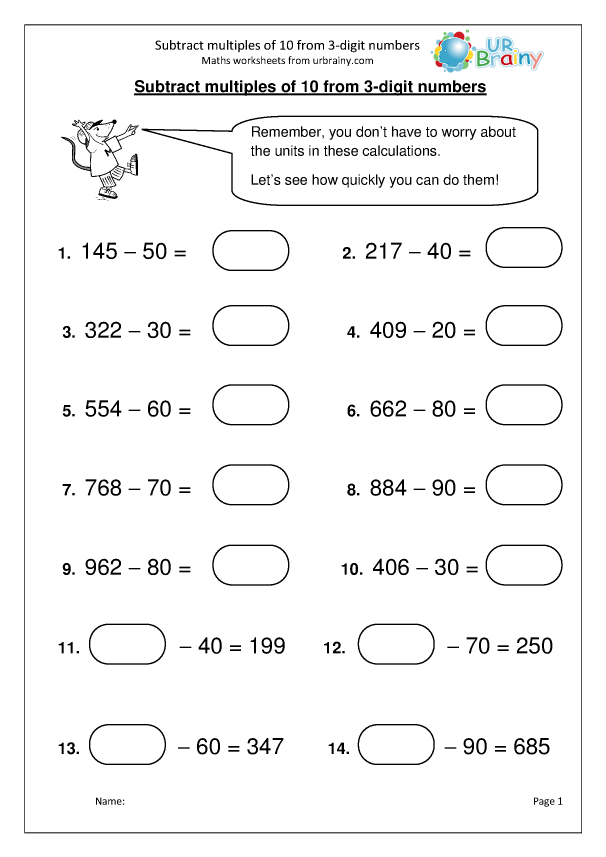 Subtracting Multiples Of 10 From 3 digit Numbers Subtraction Maths 