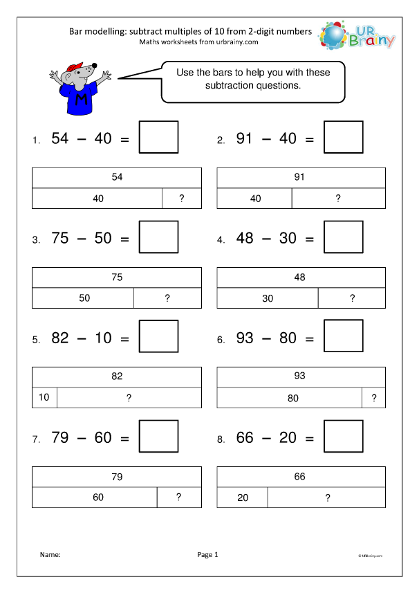 Bar Modelling Subtract Multiples Of 10 From 2 digit Numbers