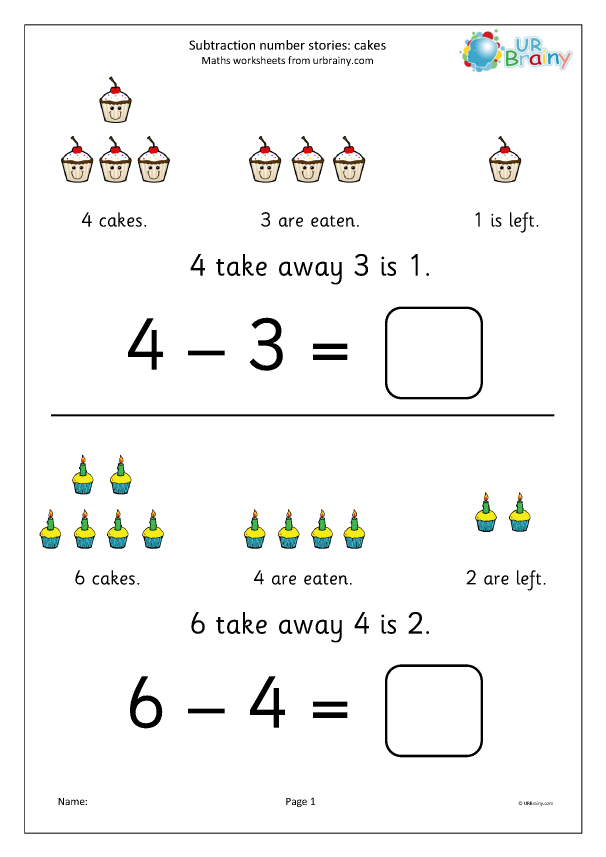 Subtraction Number Stories Cakes Subtraction Maths Worksheets For