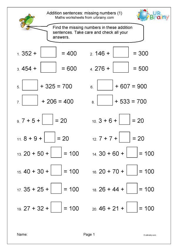 Grade 4 Math Worksheet Addition With Missing Addend Sum Under 100 K5